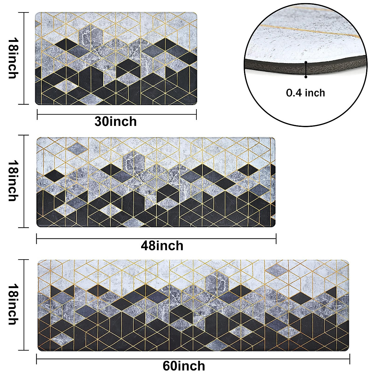 Kitchen Mats 3 Piece Set, Memory Foam Kitchen Rugs Mat Non Slip Washable for Floor, Modern Kitchen Mats Cushioned Anti Fatigue, Waterproof Kitchen Runner Rug, 18‘’ x 30‘’ + 18'' x 48'' + 18'' x 60''