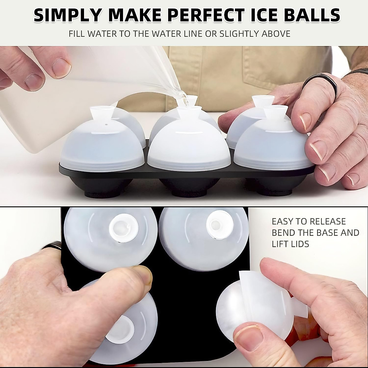 HONYAO Whiskey Cocktail Ice Mold, Easy Fill and Release Silicone Round Ice Ball Maker Mold Large Square Ice Cube Tray with Lid - 6 Ice Balls + 6 Ice Cubes Black