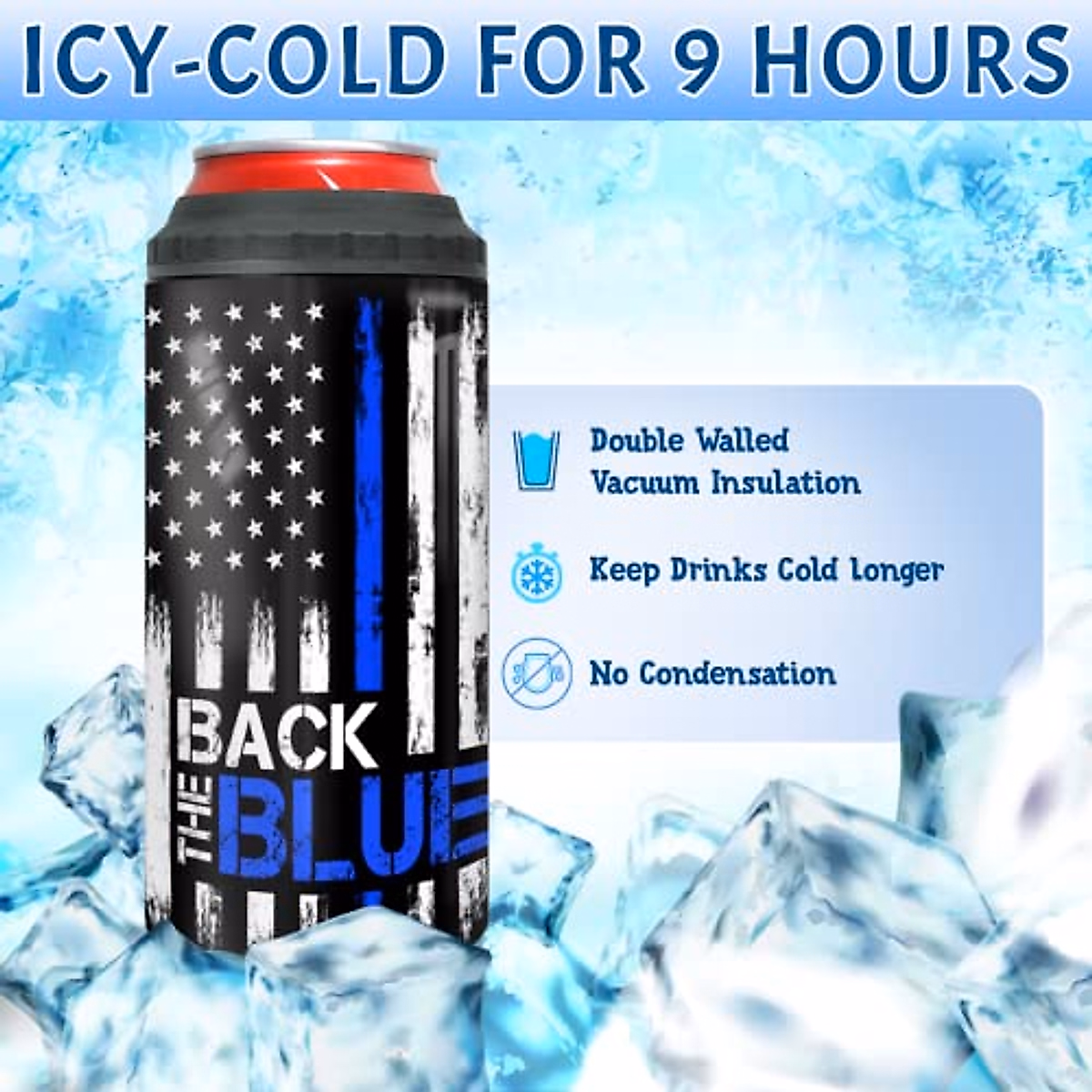 winorax Police Gifts Back The Blue American Flag Tumbler 4-in-1 Can Cooler Stainless Steel 16oz Travel Mug Coffee Cups US Flag Police Academy Graduation Gifts for Men Cops Officer Retirement