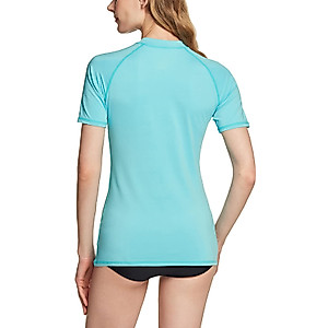 ATHLIO Women's UPF 50+ Rash Guard, Short Sleeve Surfing Swimsuit Top, UV/SPF Active Water Beach Swim Shirts, Wave Aqua, X-Large