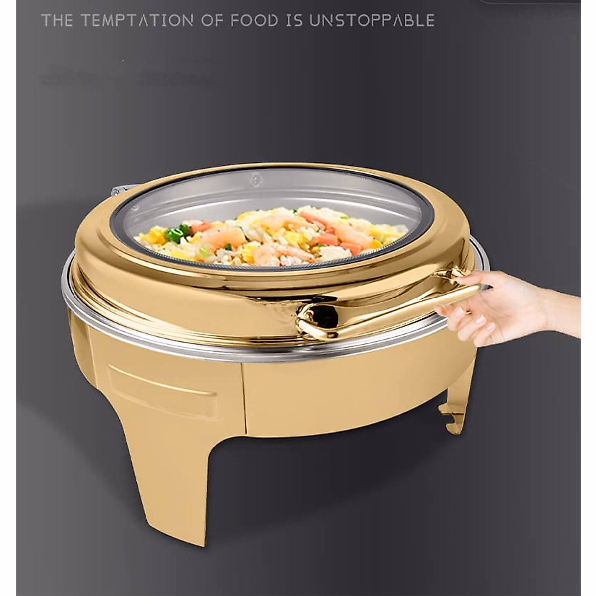 HONHPD 6.8-Quart Gold Round Chafing Dishes, Stainless Steel Chafers and Buffet Warmers Sets w/Water Pan, Food Pan, Fuel Holder and Lid(1 Pack)
