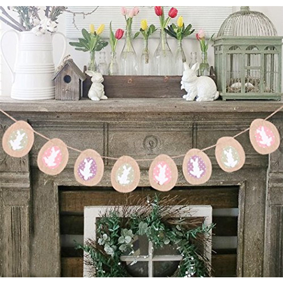 Faylapa Bunny Burlap Banner Flags Bunting for Easter Party Favors Decoration Spring Photo Prop