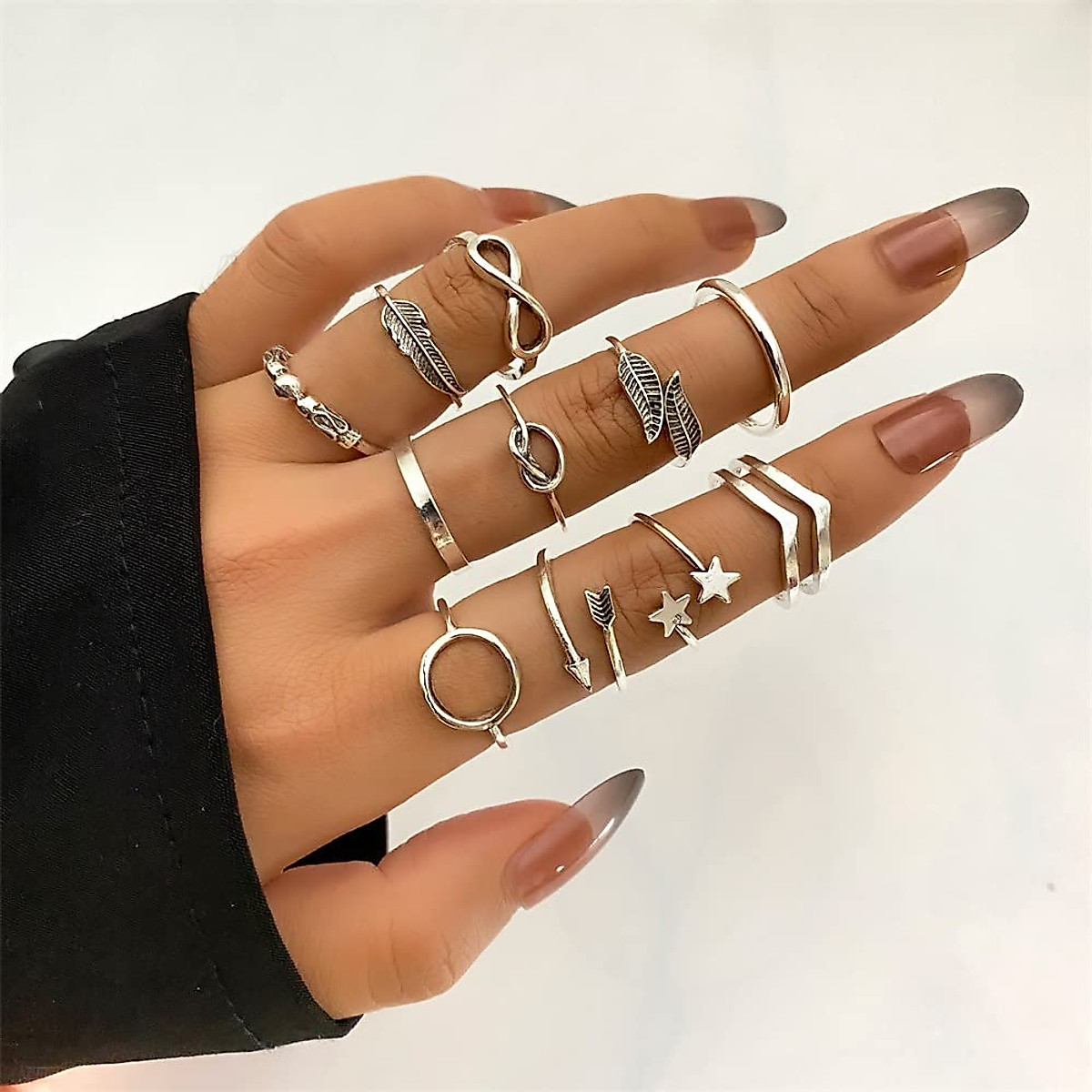 YOOESTORES82 12-20 Pcs Boho Silver Knuckle Ring Set Star Moon Wave Feather Stackable Rings Vintage Turquoise Multiple Midi Finger Ring Sets for Women (A)
