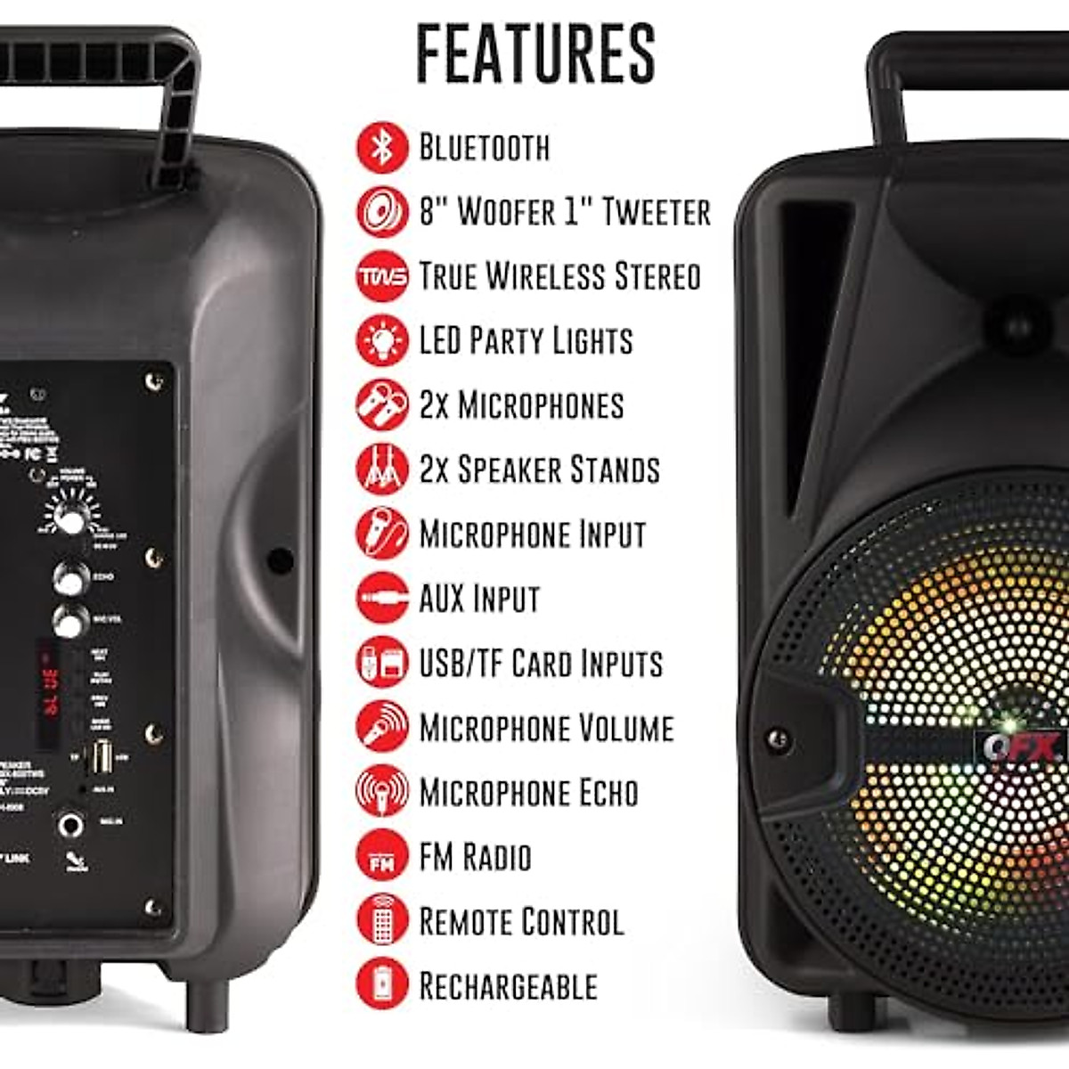 QFX PBX-800TWS 8-Inch TWS Bluetooth Stereo PA System with 2 8" Speakers, 2 Microphones, 2 Stands, and a Remote Control