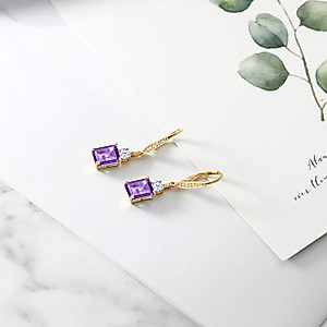 Gem Stone King 18K Yellow Gold Plated Silver Purple Amethyst Dangle Earrings For Women (5.00 Cttw, Gemstone February Birthstone, Emerald Cut 9X7MM)