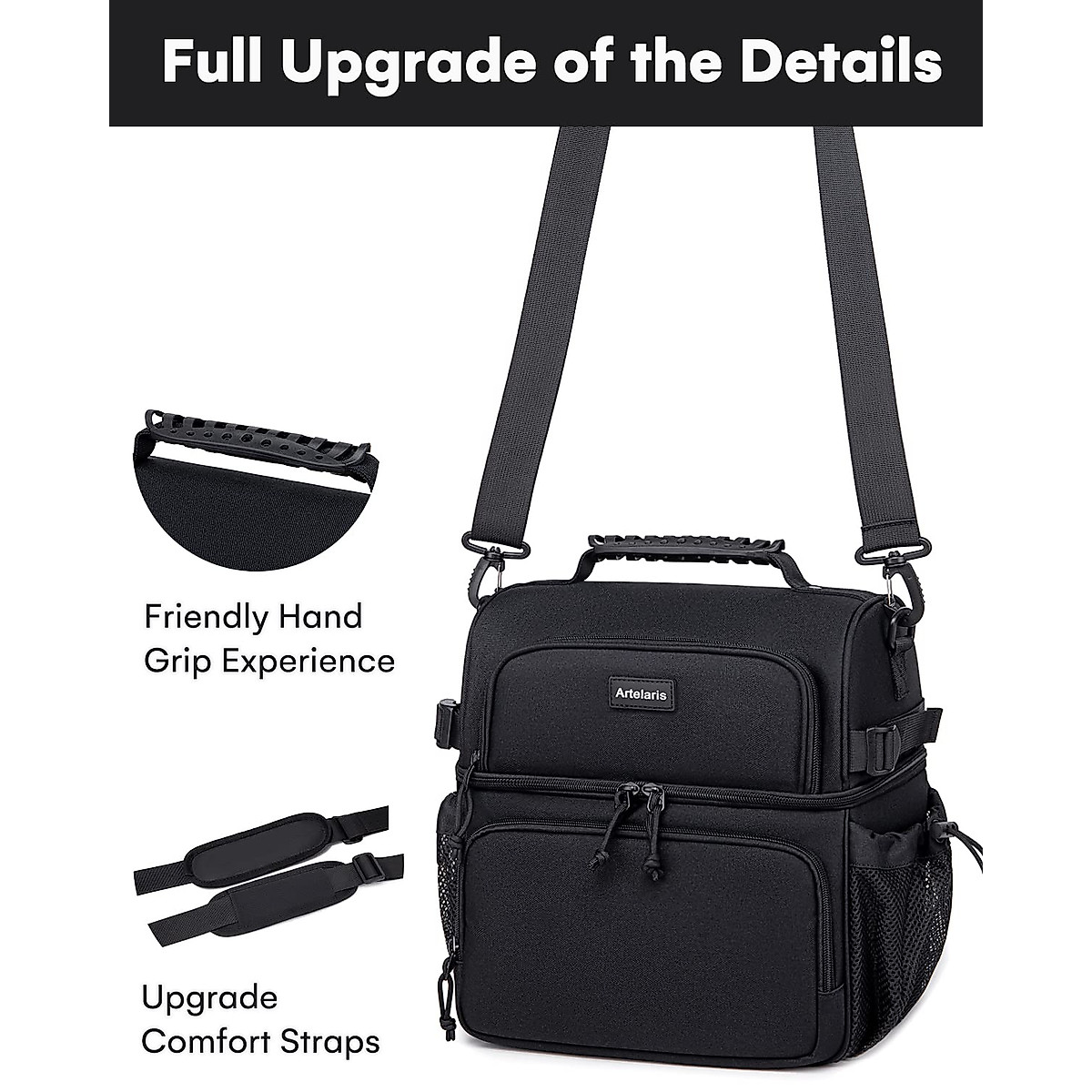 Artelaris Lunch Bag for Men Women, Dual Compartment Insulated Lunch Bag, Large Double Deck Leakproof Cooler Tote Bag with Side Pockets & Shoulder Strap Lunch Box for Picnic Work Camping Fishing