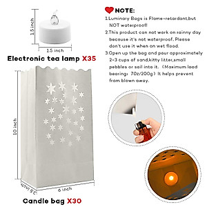 ANZOME Flameless Tea Lights with 30 Packs Luminary Bags, 30 Battery Operated LED Unscented Tea Lights Fake Tea Candles with Realistic Flames, Christmas, Weddings, Parties, Festivals, Halloween Decor