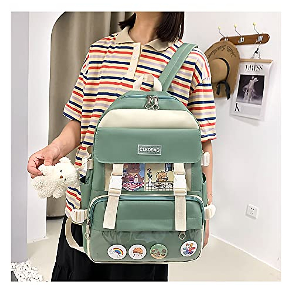 4 PCS Kawaii Backpack with Kawaii Pin and Accessories, with Kawaii Bear Pendant School Bag Sets (Sage Green)