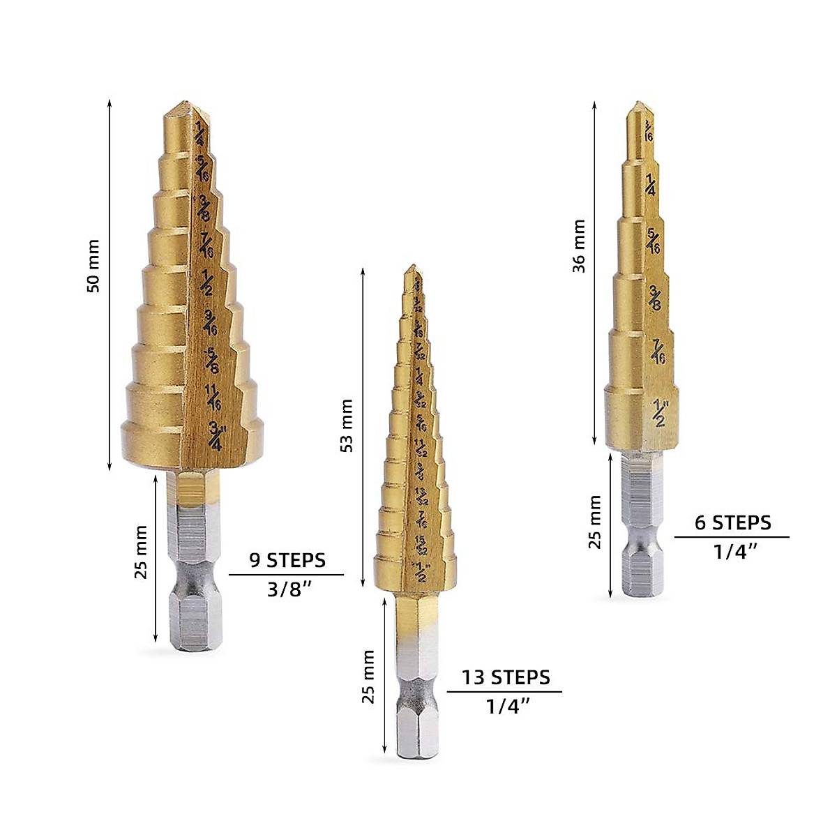 Aleric Step Drill Bit Set - Titanium Coated, High Speed Steel Drill Cone Bits for Sheet Metal Hole Drilling Cutting, HSS Multi Size Hole Stepped Up Unibit for DIY Lovers,3pcs