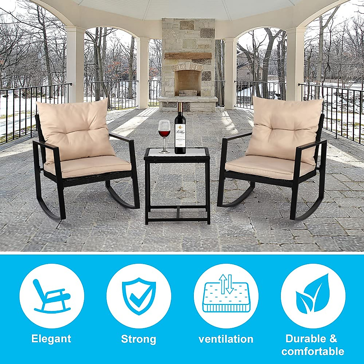 Dkeli Outdoor Rocking Chairs 3 Pieces Pe Wicker Bistro Sets with Glass Coffee Table Front Porch Furniture Rocking Chairs Set of 2 for Backyard Porch Balcony Lawn, Beige Cushion