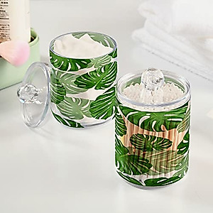 Kigai Tropical Palm Leaves Qtip Holder Dispenser - 14OZ Clear Plastic Apothecary Jars Food Storage Jar with Lids Bathroom Canister Organizer for Coffee, Tea, Candy, Floss (2Pack)