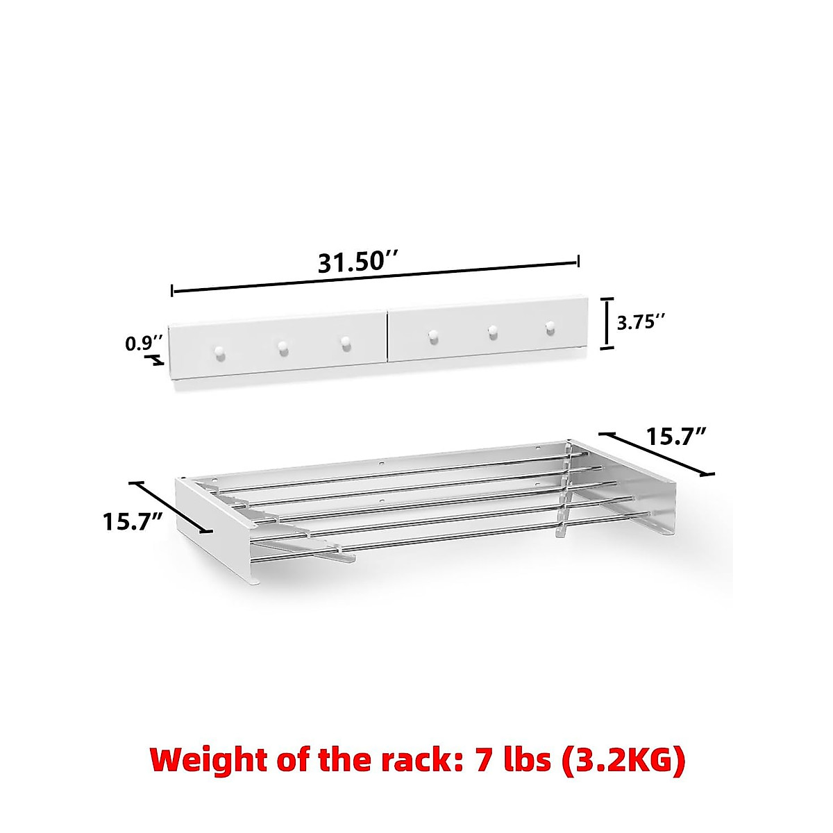 Upgrade Laundry Drying Rack Collapsible, Wall Mounted Drying Rack, Clothes Drying Rack, Retractable Drying Rack, 31.5" Wide, 13.2 Linear Ft, 5 Aluminum Rods (31.5'' Wide with 6 Hooks)