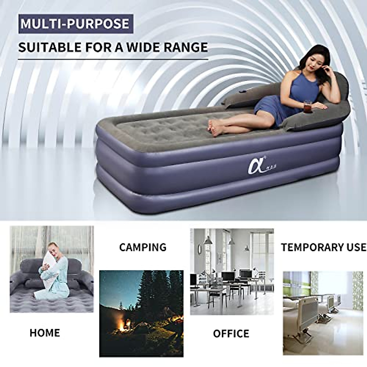 A-ER-FA Twin XL Size Air Mattress with Headboard , 3 Mins Quick Inflation/Deflation Inflatable Airbed , 20 Inches High Blow Up Bed with Comfortable Flocked Top for Home Guest Travel Camping (Twin XL)