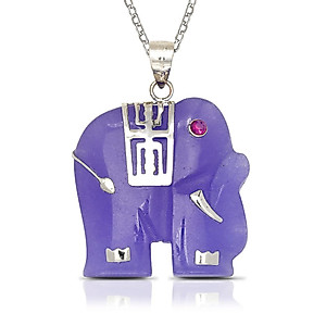 925 Sterling silver 16-inch Green, White, Lavender Jade Elephant Pendant Necklace (20mm x 28mm) (Lavender Jade)
