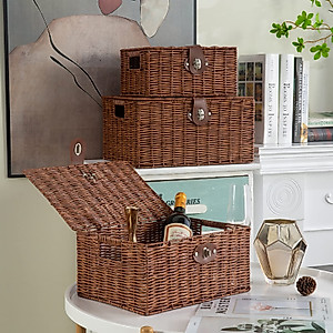 Homepeaz Set of 3 Woven Wicker Storage Basket Box with Lid & Lock, Built-in Carry Handles, Multifunctional Storage Organiser for Nursery, Baby, Clothes, Toys, Books, Large/Medium/Small Size (Natural)