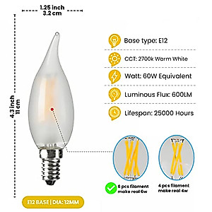 AMDTU E12 60 Watt Equivalent Frosted LED Candelabra Bulb Candle CA10 Chandelier Light Dimmable Small Base, Ideal for Dining Rooms, Living Rooms, and Porch, Long-Lasting Light for Cozy Indoor Settings