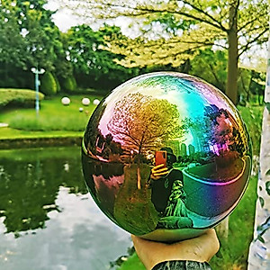 Pangmao Rainbow Gazing Globe Mirror Ball in Stainless Steel, Shiny Hollow Sphere Sparkling Housewarming Outdoor Ornament (8 Inch)
