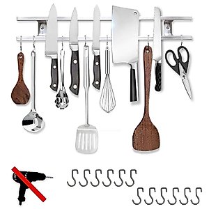 YIIYIIN 18 Inch Magnetic Knife Holder with Hooks - Magnetic Kitchen Knife Bar - Magnetic Knife Strips - Magnetic Utensil Holder - Kitchen Utensil Hanger - Kitchen Organizer
