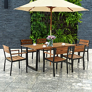 Tangkula 7 Pieces Patented Wood Patio Dining Set with Umbrella Hole, 6 Heavy Duty Acacia Armrest Chairs and Rectangle Table Set, Suitable for Deck Lawn Garden Poolside and Backyard