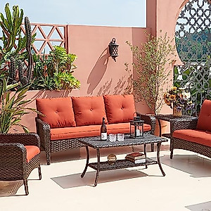 HUMMUH Patio Wicker Sofa,3-Seater Outdoor Couch Porch High Back and Deep Seat Sofa Furniture for Backyard, Deck, Poolside （Brown Red）