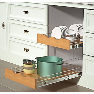 DINDON 2 Tier Pull Out Cabinet Organizer (11" W x 21" D) Slide Out Wood Shelf Organizers Double Tier Kitchen Wire Basket with Chrome Finish…