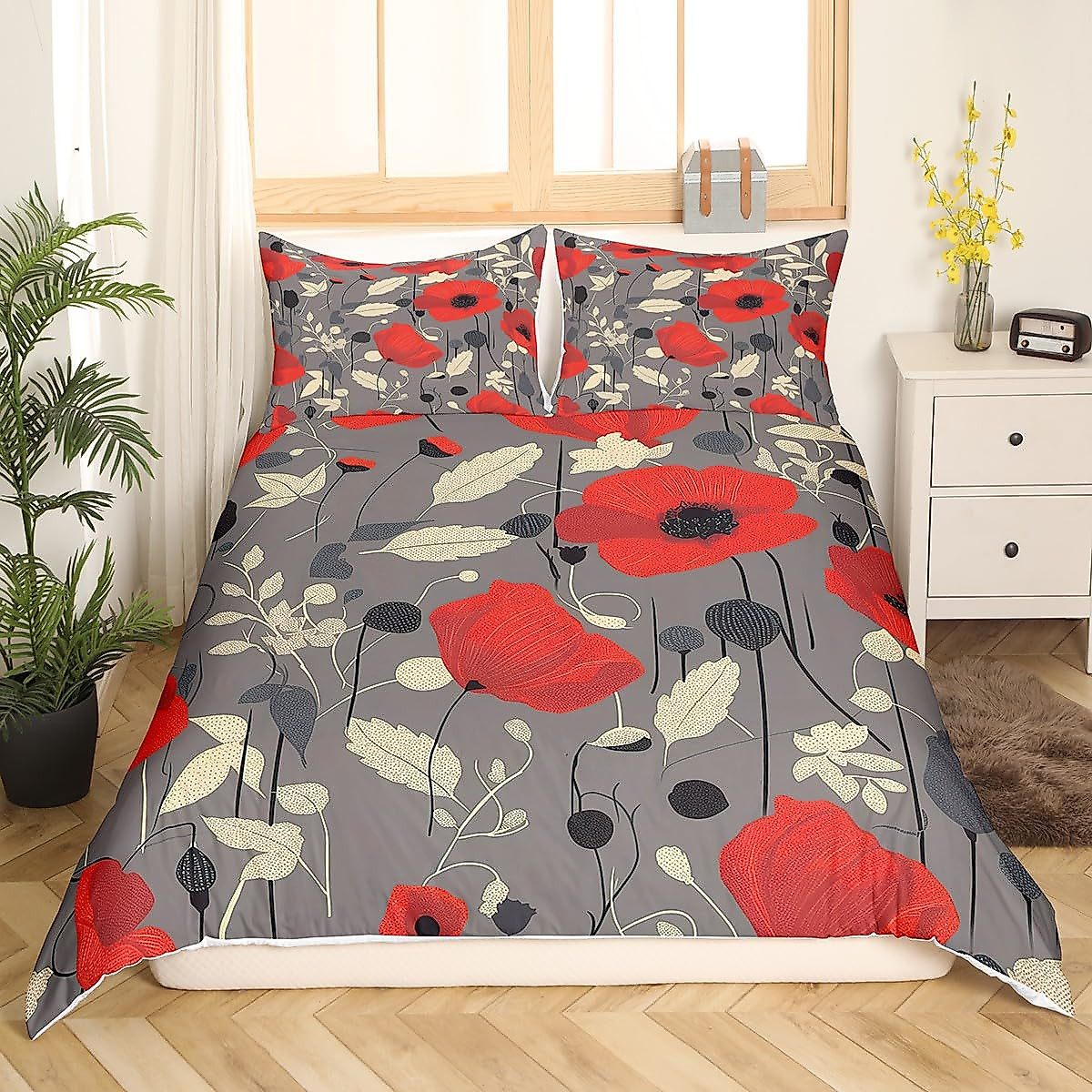 Feelyou Poppy Flower Bedding Set Queen Size Kids Garden Floral Bltanical Comforter Cover Set for Boys Girls Teens Red Poppy Leaves Duvet Cover Dark Grey Bedspread Cover (No Comforter)