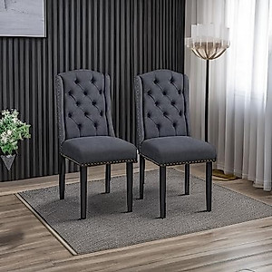 Yaheetech Dining Chairs Upholstered Fabric Chairs Tufted Kitchen Chairs with Solid Wood Legs, Nailhead Trims and Wing Design for Dining Room Kitchen and Restaurant, Set of 2, Gray