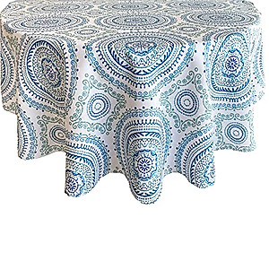 Newbridge Blue Circle Stitch Contemporary Boho Chic Print Indoor/Outdoor Soil Resistant Fabric Tablecloth, 60” X 84” Oval, Blue