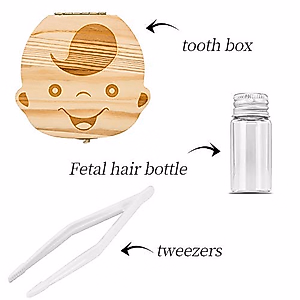 Baby Tooth Box ,Wooden Kids Keepsake Organizer for Baby Teeth, Cute Children Tooth Container with Tweezers and lanugo Bottle to Keep the Childhood Memory (Boy)