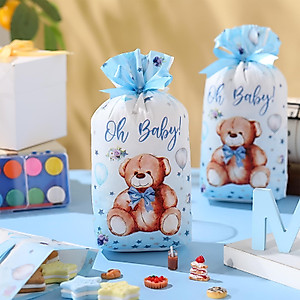 Chiisong 50 Pcs Baby Shower Treat Bags with Bow Plastic Baby Drawstring Candy Goodie Bags Baby Shower Party Favor Gift Bags for Boy Girl Birthday Gender Reveal Party 9 x 6 x 2 Inch(Bear)