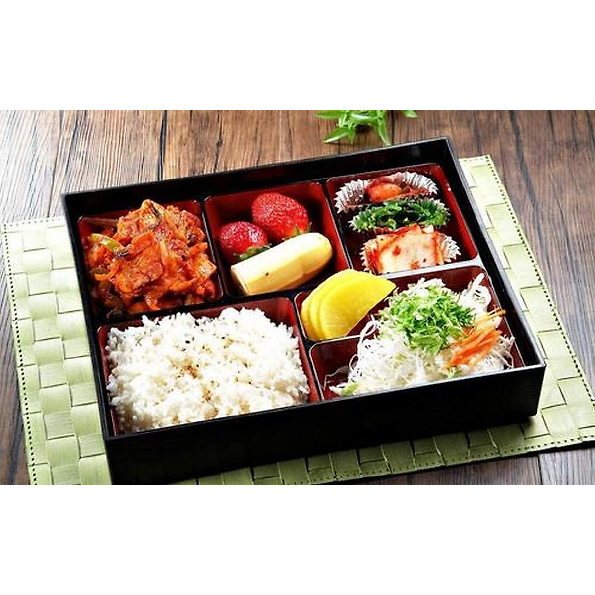 JapanBargain 1591, Red and Black Japanese Traditional Plastic Lacquered Lunch Bento Box 6 Compartments for Restaurant or Home Tray and Plate 2pc Set Made in Japan, 11.75"x9.5"