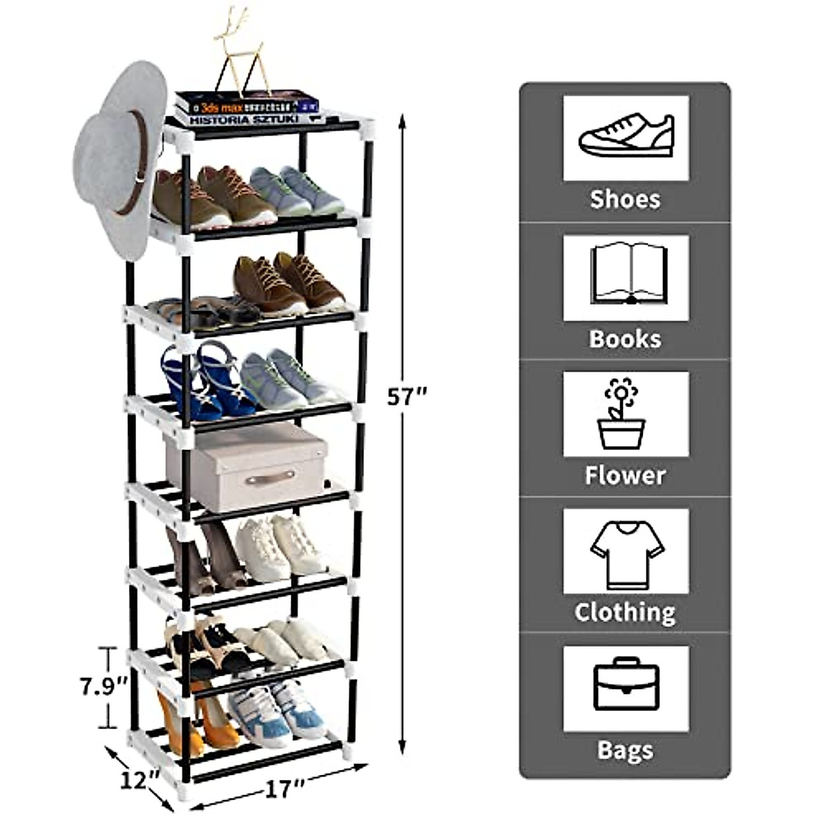 SRQMQ Sturdy Metal Shoe Rack Organizer, 8 Tiers Vertical Shoe Rack Holds 16 Pairs Shoes for Entryway, Bedrooms and Stair Passage