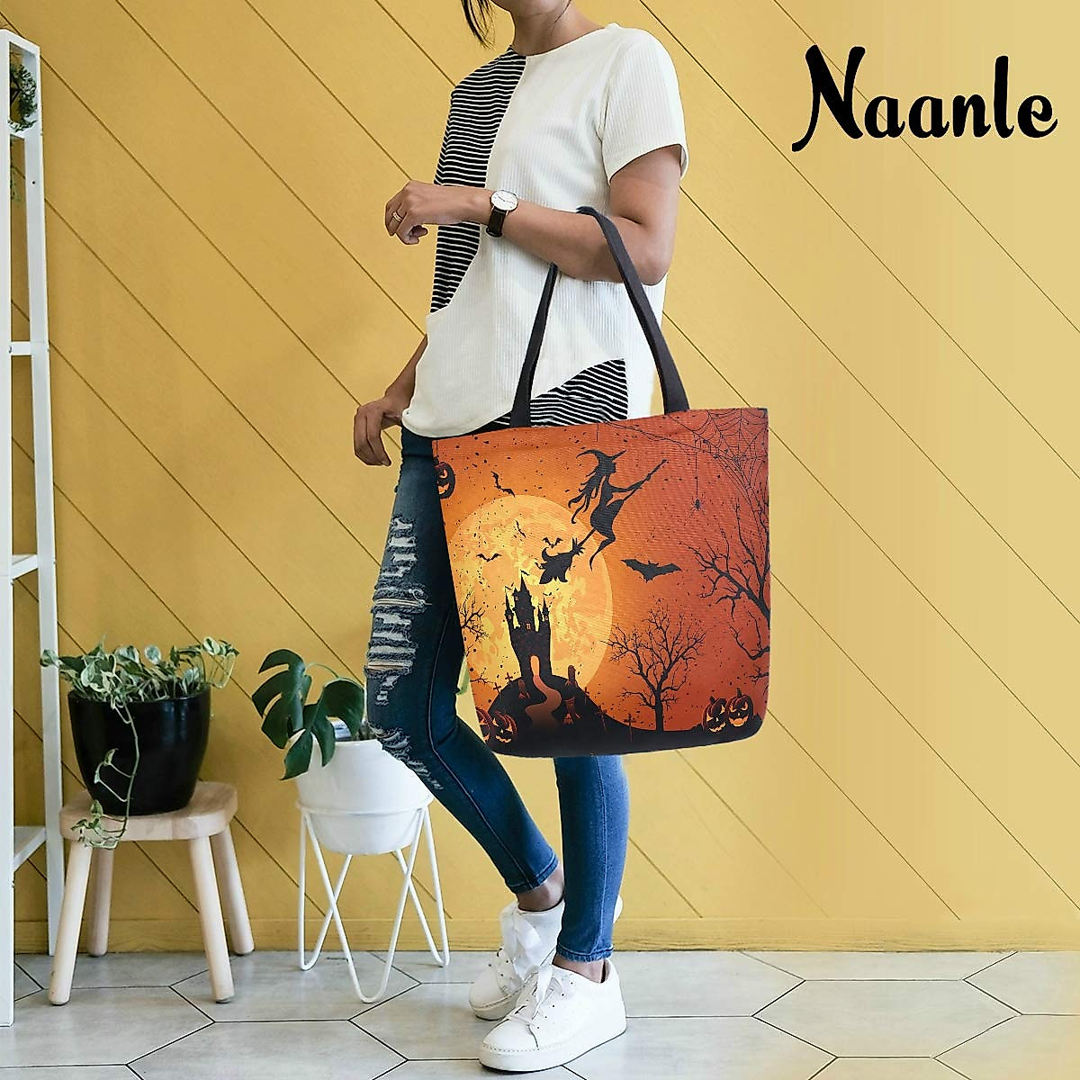 Naanle Halloween Canvas Tote Bag Large Women Casual Shoulder Bag Handbag Witch Haunted House Reusable Multipurpose Heavy Duty Shopping Grocery Cotton Bag for Outdoors.
