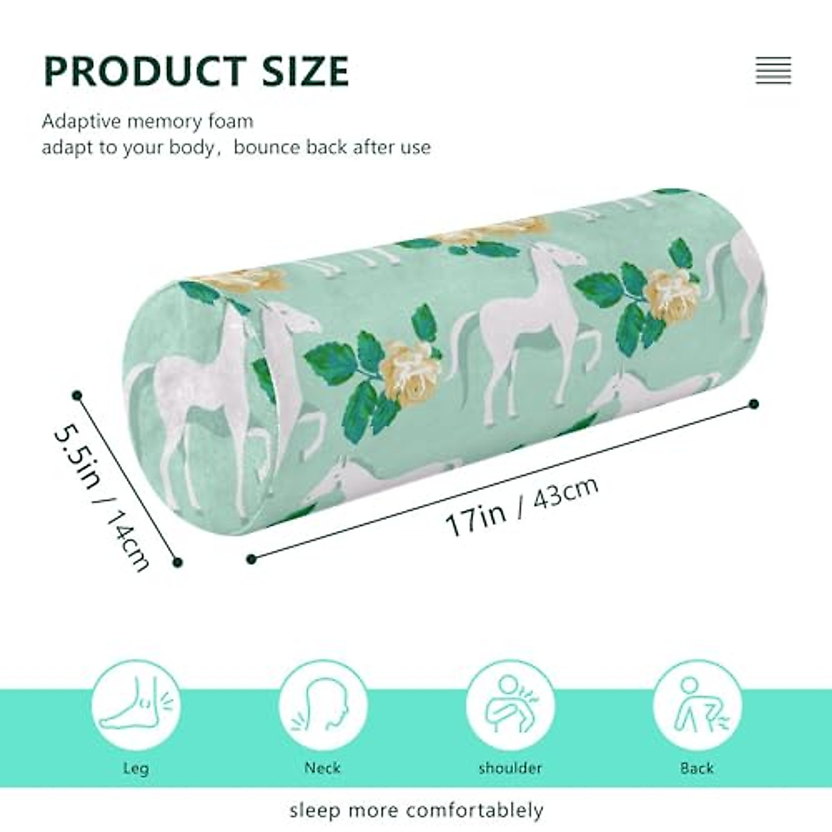 xigua Funny Flower Horse Neck Roll Pillow for Neck Relief with Removable Washable Cover - Memory Foam Round Cylinder Bolster, Ergonomically Designed for Head, Neck, Back, and Legs