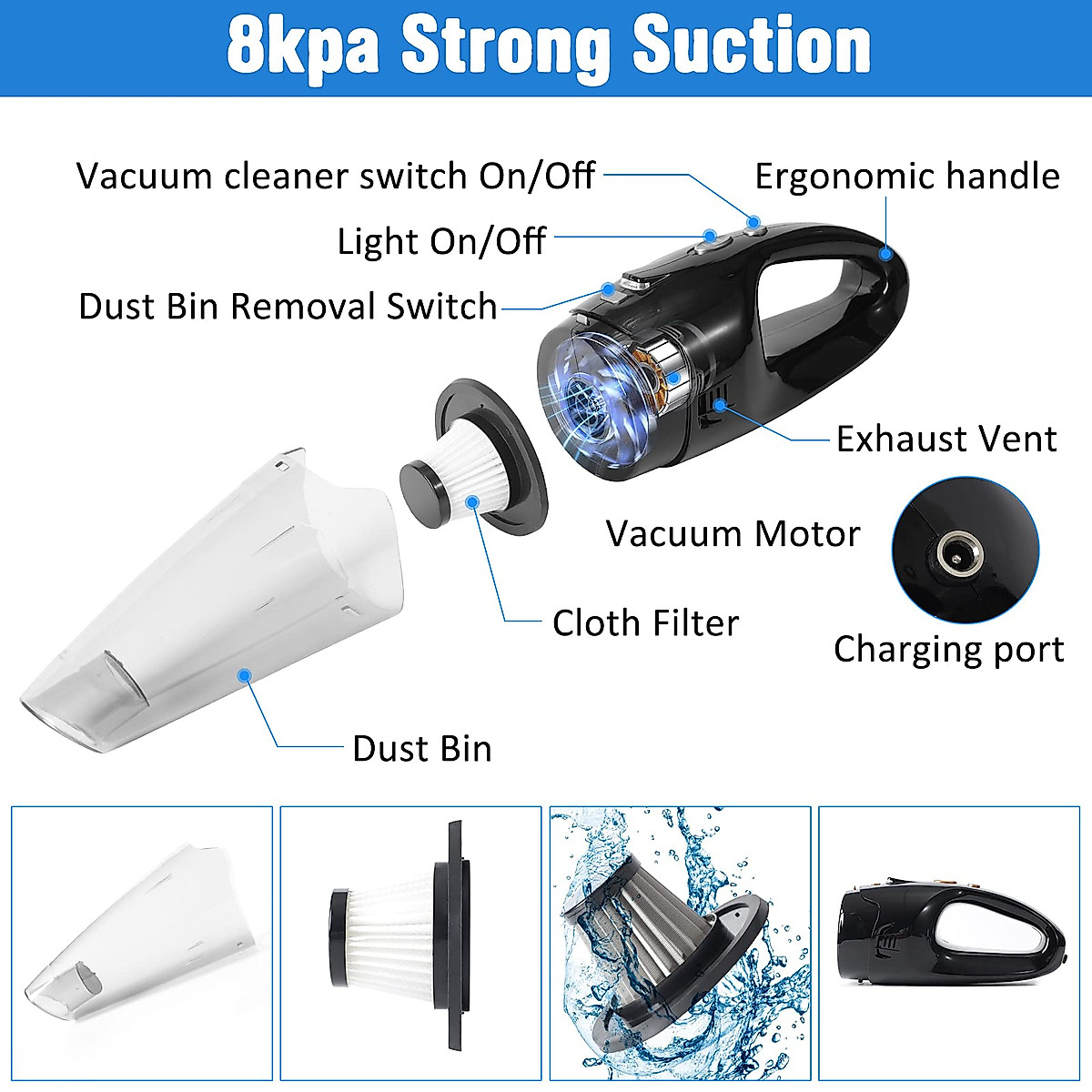 QYBEEDE Cordless Handheld Vacuum, 8000pa USB 120W Mini Car Vacuum with Led Light Cleaner Dry/Wet Powerful Suction Vacuum Rechargeable Portable Cleaner for Home, Kitchen, Pet Hair, Office