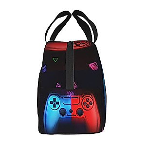 Hellokugou Game Lunch Bag For Kids Gaming, Red & Blue Fluorescent Gamepad Glow Luminous Lunch Box Portable Reusable Handbag Box Travel Beach Picnic