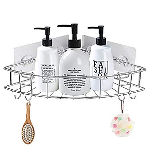 GEMITTO Corner Shower Caddy, SUS304 Stainless Steel Self-adhesive Bathroom Organizer Rack with 3 Stickers+2 Hooks, No Drilling for Shampoo Conditioner Kitchen Spice Storage (Silver)