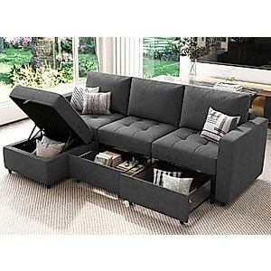 Belffin Modular Sectional Sofa Couch Set with Ottoman Morden Fabric Convertible Pull Out Couch with Reversible Chaise and Storage Drawers 3-Seat Sofa Sectionals L Shape Couch for Apartment Black Grey
