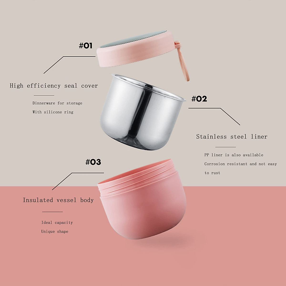 Soup Thermos Wide Mouth Insulated Food Jar Leak Proof Hot and Cold Thermos Bowl Oat Container for Kid Adult 600ML Pink