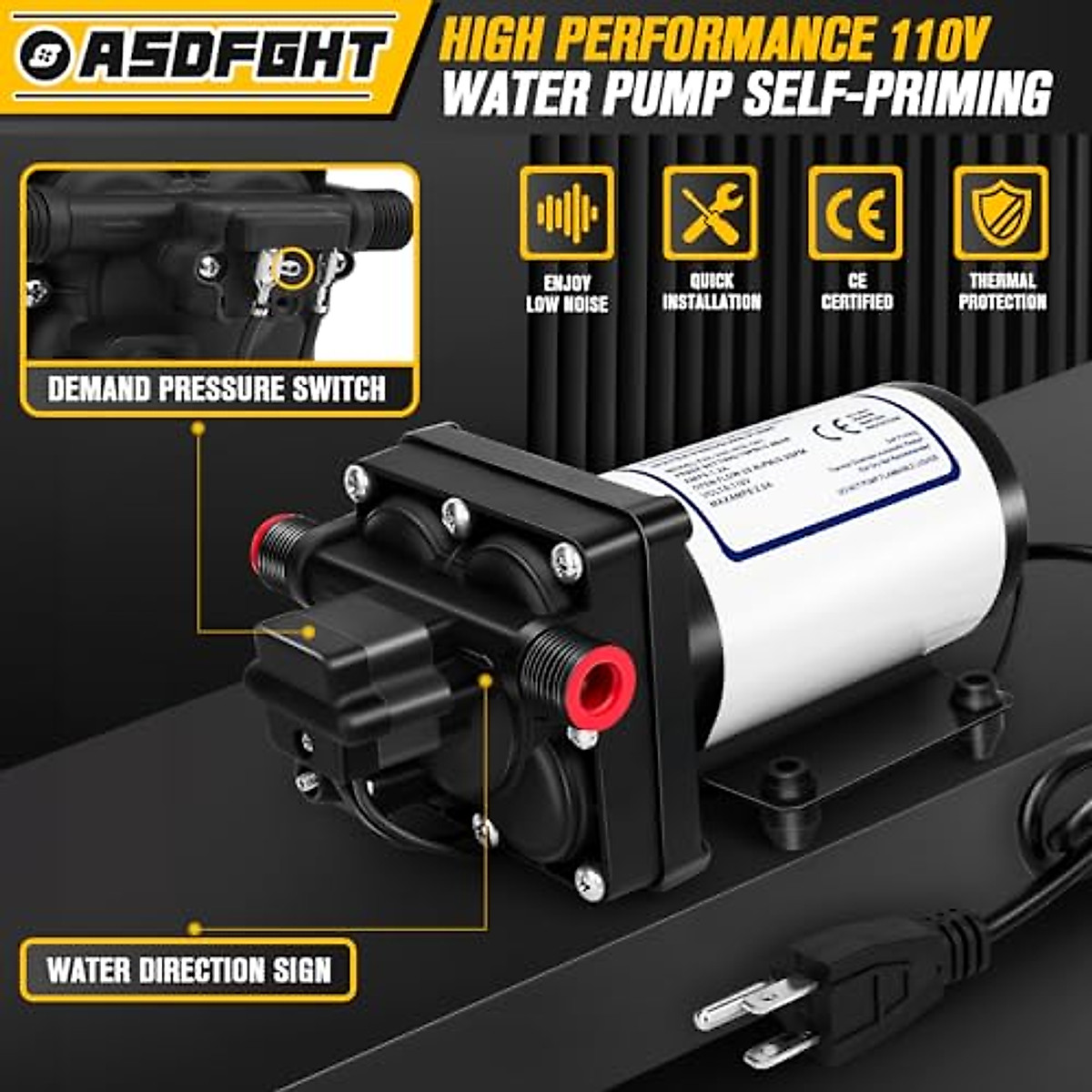 33-Series Water Pressure Diaphragm Pump 110V AC 5.5GPM 70PSI RV Fresh Water Pump with Pressure Switch for Kitchen Bathroom RV Yacht Lawn Garden