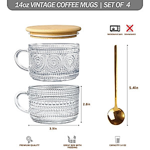 HAPTIME 4 Pcs Vintage Coffee Mugs - 14oz Clear Glass Tea Cups with Lids and Spoons - Ideal Iced Coffee Cups for Housewarming Gifts & Coffee Bar Accessories