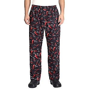 Men's Elastic Baggy Chef's Pants Floral Restaurant Work Pant and Cook Pant Uniform Pepper L