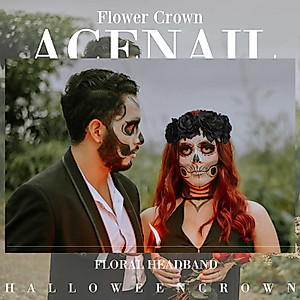 Acenail Rose Flower Headbands Women Floral Crown Mexican Headband Gothic Day of the Dead Head band Cosplay Costume Halloween Headpieces (Flower A-Black)