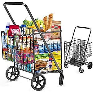 Extra Large Shopping Cart for Groceries, 450lbs Heavy Duty Grocery Cart on Wheels, Folding Dual Basket Utility Carts with Waterproof Liner, Shopping Carts for Transport, Laundry, Gift, Luggage, Black