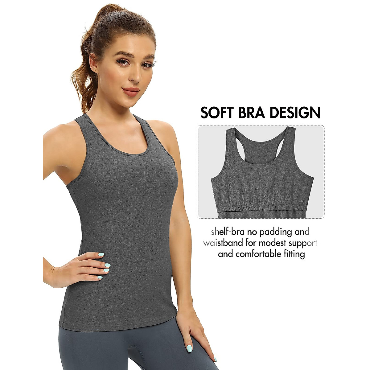 Vislivin Womens Tank Tops with Shelf Bra Racerback Tank Top Stretch Undershirts 3 Packs Bl/Dark Gray/Dark Gray S