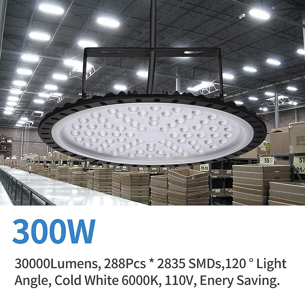 300W UFO LED High Bay Light lamp Factory Warehouse Industrial Lighting 30000 Lumen 6000-6500K IP54 Warehouse LED Lights- High Bay LED Lights- Commercial Bay Lighting for Garage Factory Workshop Gym