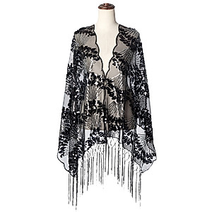 BABEYOND 1920s Sequin Shawl Fringed Evening Cape Wedding Bridal Shawl (Black)