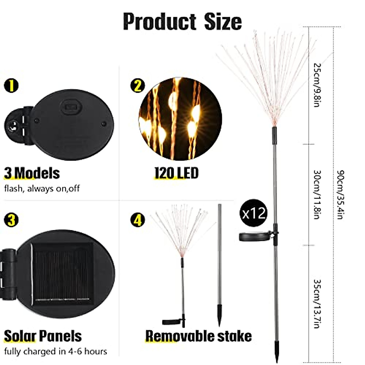 BBTO 12 Pack Solar Firework Lights Solar Outdoor Lights 120 LED Waterproof Solar Fireworks Lamps Decoration Lights for Garden Outdoor Patio Walkway Pathway Lawn Backyard Landscape, Warm White