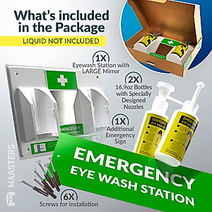 MAASTERS BPA Free Portable Eye Wash Station OSHA Approved - Wall-Mounted First Aid Eye Wash Kit w/Mirror & 2X 16oz Empty Bottles - No Eye Wash Solution Included - Emergency Eyewash