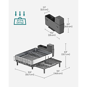 SONGMICS Large Dish Drying Rack, Expandable Dish Dryer for Kitchen Counter, Stainless Steel Dish Rack with Rotatable Spout, Utensil, Cup, Glass, Cutting Board, Pan Holders, Silver and Gray UKCS037G01